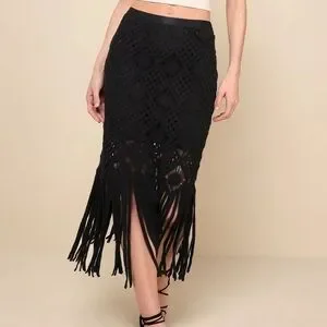 Lulus | Skirts | Enviable Summer Black Crochet Fringe Midi Skirt | Poshmark